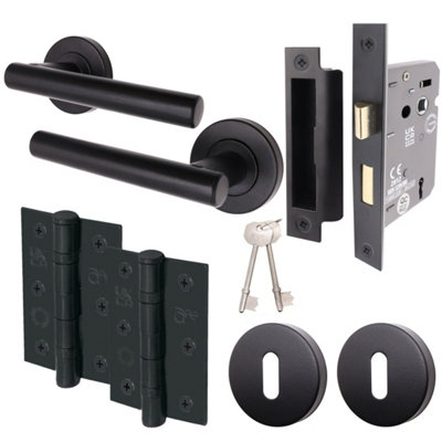 AFIT Matt Black Key Lock Door Handle Set - Sash Lock, Hinges (76mm) & 2 ...