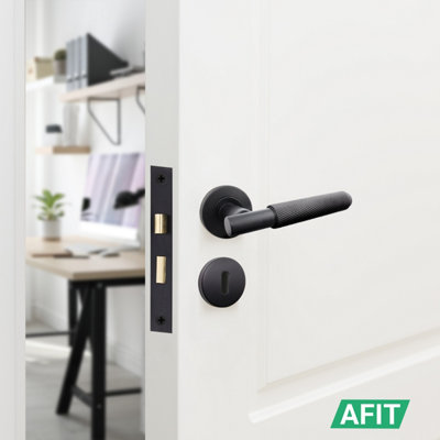 AFIT Matt Black Key Lock Knurled Door Handle Set Round Sash Lock 64mm Hinges 76mm