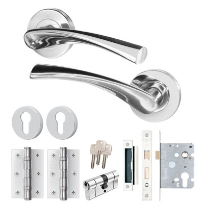 AFIT Polished Chrome Door Handle Euro Lock and Cylinder Set Internal ...