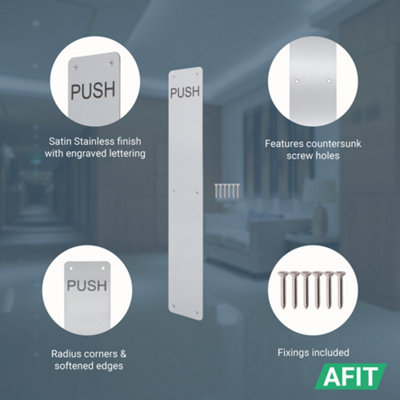 AFIT Satin Door Finger Plate, 425 x 75mm Engraved PUSH with Radius ...
