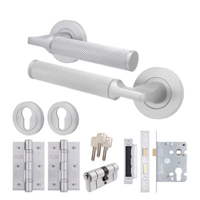 AFIT Satin Door Handle Euro Lock and Cylinder Set Satin Chrome Internal ...