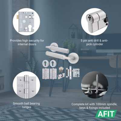 AFIT Satin Door Handle Euro Lock and Cylinder Set Satin Chrome Internal ...