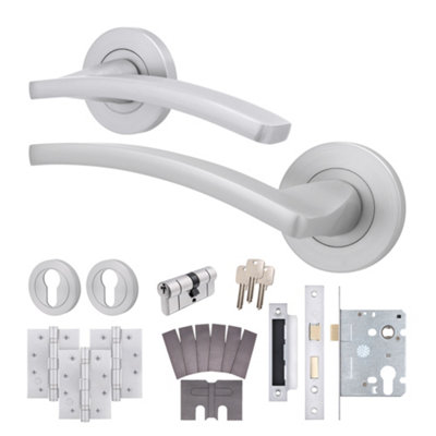 AFIT Satin Fire Door Handle Euro Lock and Cylinder Set, Satin Chrome ...