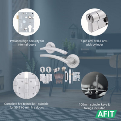 AFIT Satin Fire Door Handle Euro Lock and Cylinder Set, Satin Chrome ...