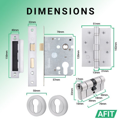 AFIT Satin Fire Door Handle Euro Lock and Cylinder Set Satin Internal ...