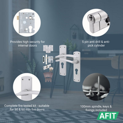 AFIT Satin Fire Door Handle Euro Lock and Thumbturn Cylinder Set ...