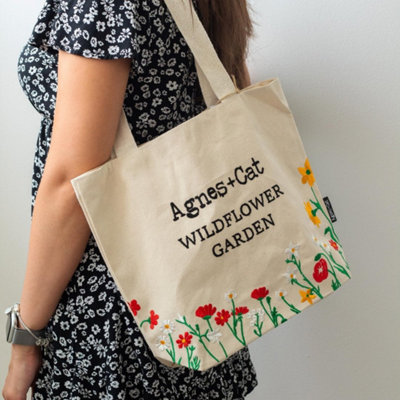 Agnes and Cat Wildflower Garden Red Flower Cotton Tote Bag