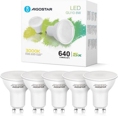 Aigostar 8W GU10 LED Bulbs 3000K Warm White 5PACK BOX
