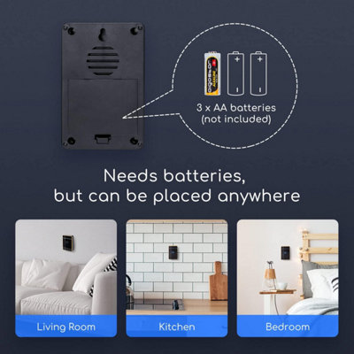 Aigostar Black Wireless Doorbell, IP44 Waterproof Cordless Door Chime ...