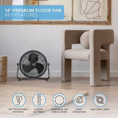 Air Pro 14" Floor Fan 3 Powerful Speed Settings & Adjustable Tilt Metal ...