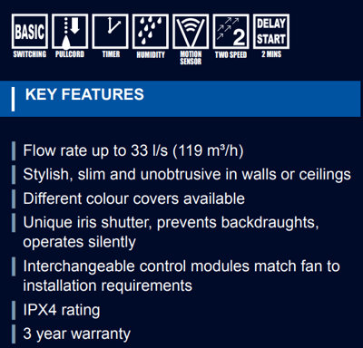Airflow iCON 30 Extractor Fan, 100mm, 33 l/s, 10.7W, 0.062A, Quiet Iris ...