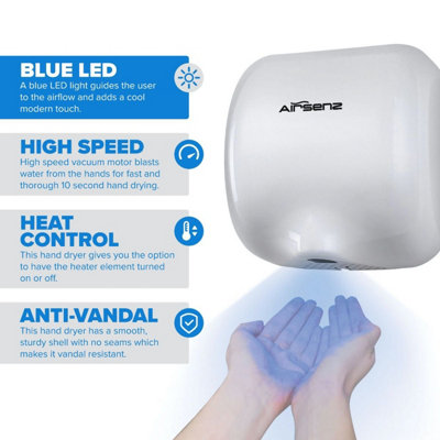Airsenz White Electric Automatic Hand Dryer 1.8kw - Stainless Steel