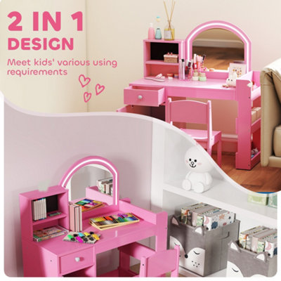 AIYAPLAY GIRLS DRESSING TABLE WITH 2-COLOUR LED MIRROR AND STOOL, PINK