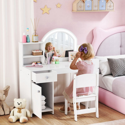 AIYAPLAY Girls Dressing Table with 2-Colour LED Mirror and Stool, White
