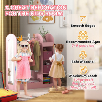 AIYAPLAY Kids Clothes Rail with Storage Shelf, Boxes, Mirror, Pink