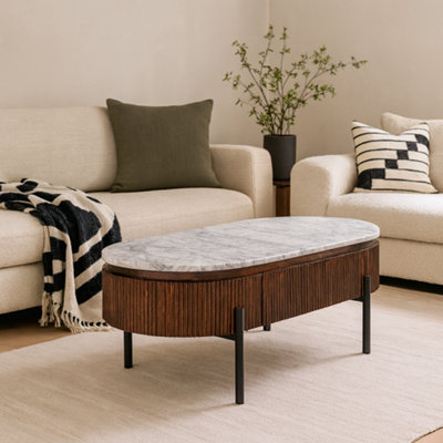 Alabama Ribbed Mango Wood Oval Coffee Table With Marble Top and Metal Legs