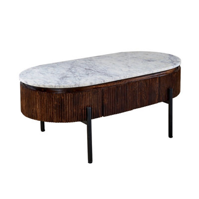 Alabama Ribbed Mango Wood Oval Coffee Table With Marble Top and Metal Legs