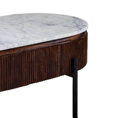 Alabama Ribbed Mango Wood Oval Coffee Table With Marble Top and Metal Legs