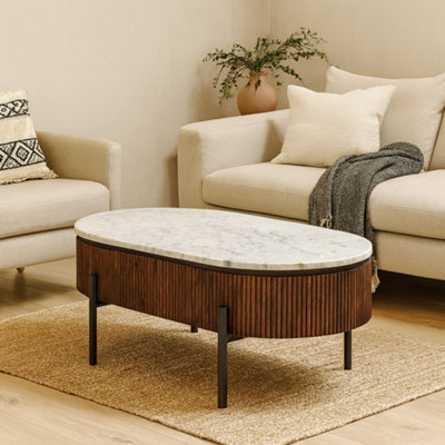 Alabama Ribbed Mango Wood Rectangular Coffee Table With Marble Top and ...