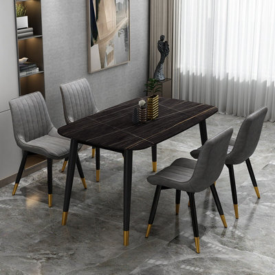 Alexander Black Marble Dining Table with 4 Leather Chairs SET, Black Gold Legs, Heavy duty Table ...