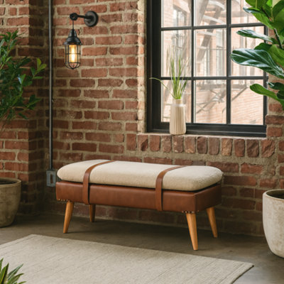 Alghero Bouclé Bench with Buffalo Leather & Oak-Effect Legs