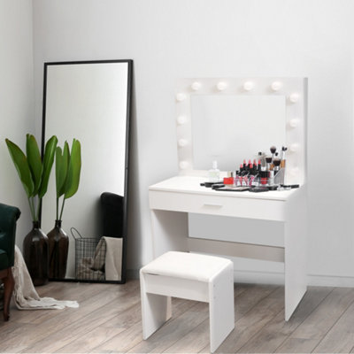 Alivio Dressing Table with Hollywood LED Lights Mirror Vanity Table Set with Drawer and Cushioned Stool