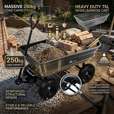 Alivio Garden Tipping Wheelbarrow Cart 75L with 10in Pneumatic Wheels ...