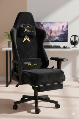 Alivio Velvet Gaming Chair with Lumbar Headrest Support (Black)