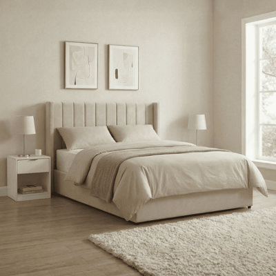 Alix Putty Velvet Wingback Ottoman Storage Bed with Tufted Panels