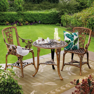 All Weather Patio Bistro Set Classic Victorian Rose Design UV Stabilised Garden Furniture with Table 2 Armchairs