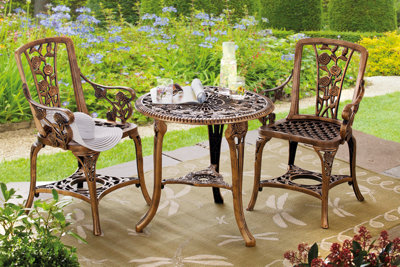 All Weather Patio Bistro Set Classic Victorian Rose Design UV Stabilised Garden Furniture with Table 2 Armchairs