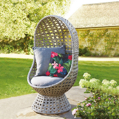 All Weather Resin Wicker Egg Shaped Swivel Chair with Seat Back Cushions Modern Garden Patio Decking Conservatory Furniture