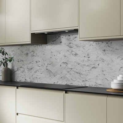 Alloy Carrara Marble Herringbone Kitchen Splashback - 3050mm x 750mm x 4mm