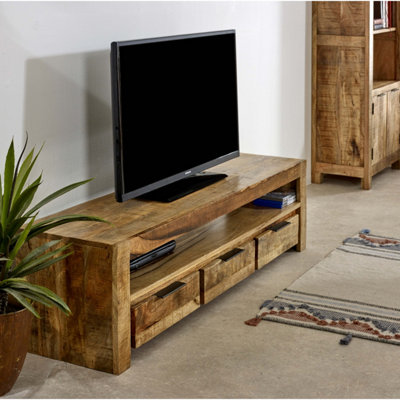 Alphon Mango Wooden Large TV Stand With 3 Drawers