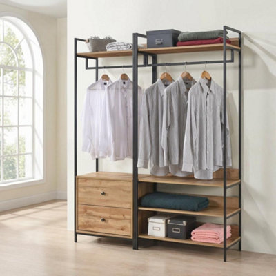 Alva Pair of Double Open Wardrobes with 2 Drawers 4 Shelves Oak Clothes ...