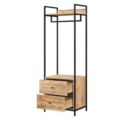 Alva Pair of Double Open Wardrobes with 2 Drawers 4 Shelves Oak Clothes ...