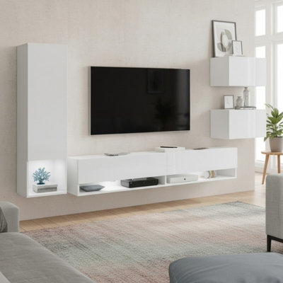 AMADEO Modern White Wall Unit TV Cabinet and Hanging Storage with White ...