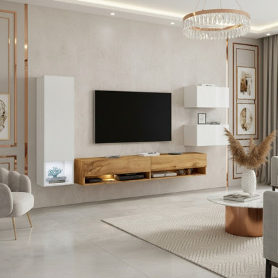 AMADEO Modern White Wotan Wall Unit TV Cabinet and Hanging Storage with ...