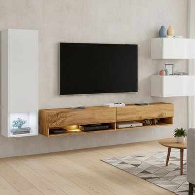 AMADEO Modern White Wotan Wall Unit TV Cabinet and Hanging Storage with ...