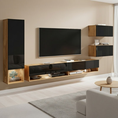 AMADEO Modern Wotan Wall Unit TV Cabinet and Hanging Storage with Black ...