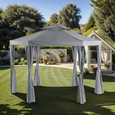 Amalfi 3.4m Steel Grey Hexagonal Gazebo With Curtains