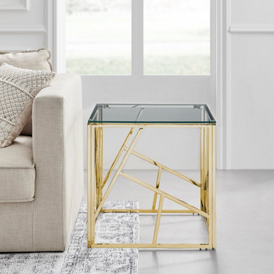 Amalfi Gold Chrome Metal Side Table - Square Clear Glass & Gold Chrome ...