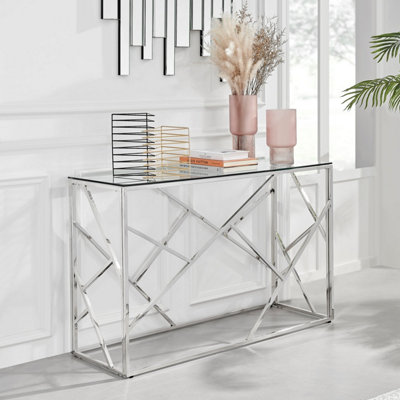 Amalfi Silver Chrome Metal Console Table - Rectangular Clear Glass ...