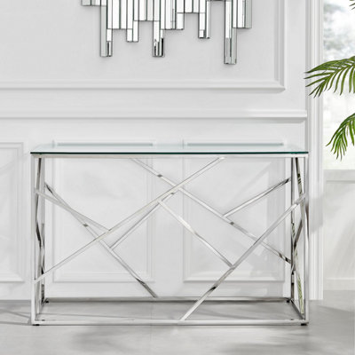 Amalfi Silver Chrome Metal Console Table - Rectangular Clear Glass ...