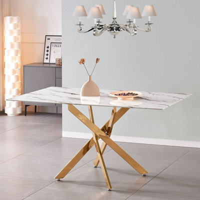 Amara 150cm Glass Marble Top Dining Table Gold Legs | DIY at B&Q