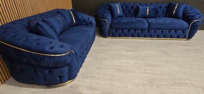 Ambassador 3+2 Sofa Set Navy Velvet & Gold