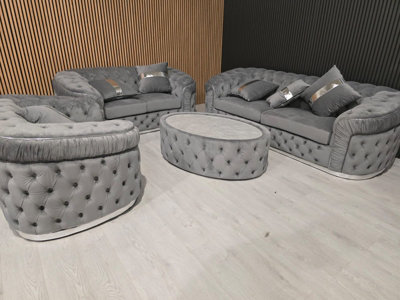Buy Ambassador 3 Seater and 2 Seater and 1 Seater Coffee Table Set Sofa Grey and Chrome Accents ...