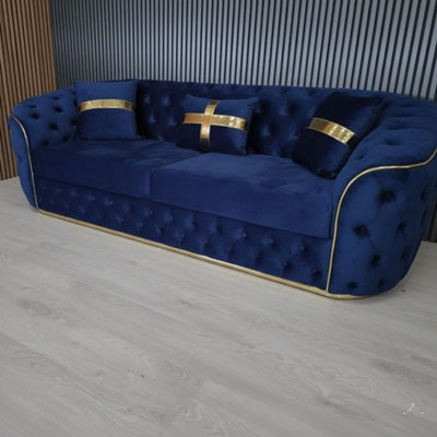 Ambassador Blue Sofa Chesterfield Toronto Gold Trim Velvet No Frill Design