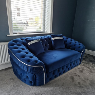 AMBASSADOR BLUE SOFA CHESTERFIELD TORONTO SILVER TRIM PLUSH VELVET NO FRILL