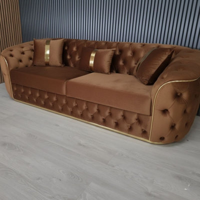 Ambassador Brown Sofa Chesterfield Toronto Gold Trim Velvet No Frill Design